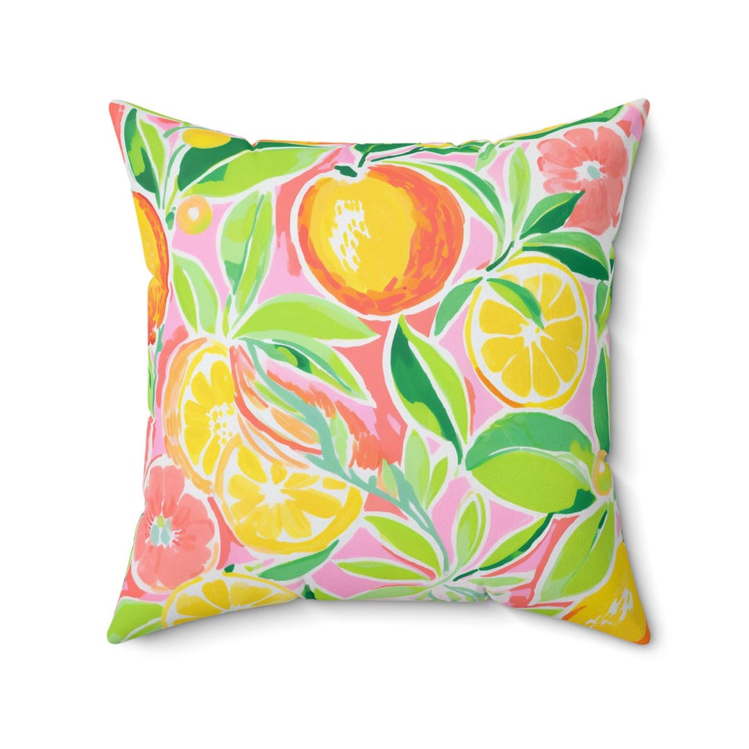 Preppy Pink Lemonade Orange Lemon Grapefruit Pattern Square Pillow ...