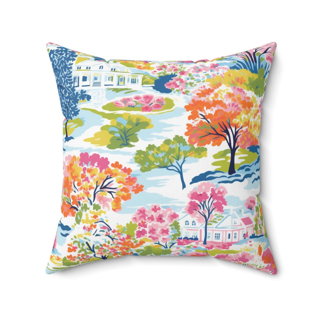 Preppy Colonial House Trees River Virginian Pattern Square Pillow ...