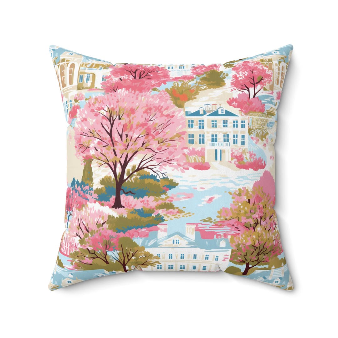 Preppy Colonial House Trees River Virginian Pattern Square Pillow ...