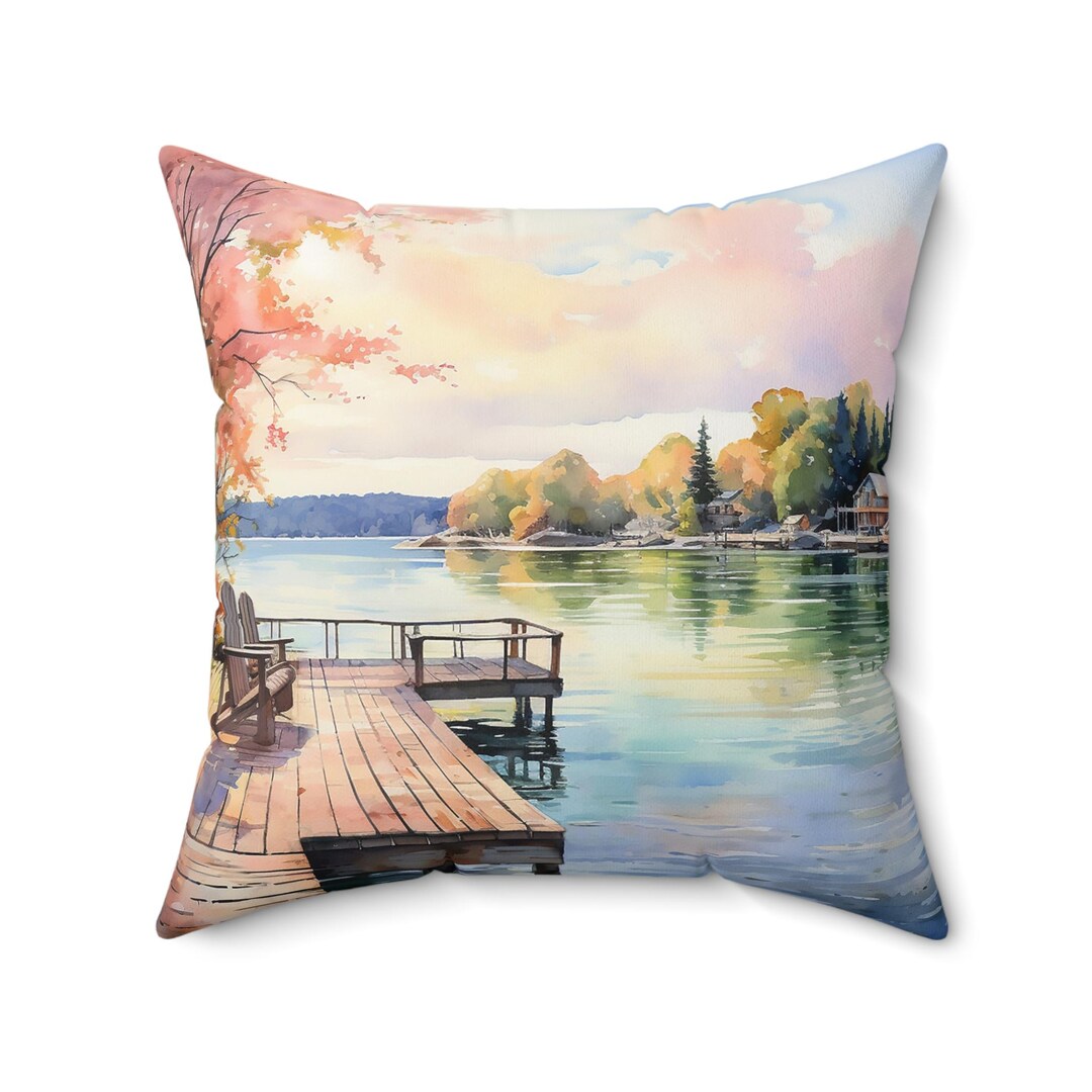 Lakefront Water Lake Pier Dock Deck Square Pillow - Indoor Pillow ...