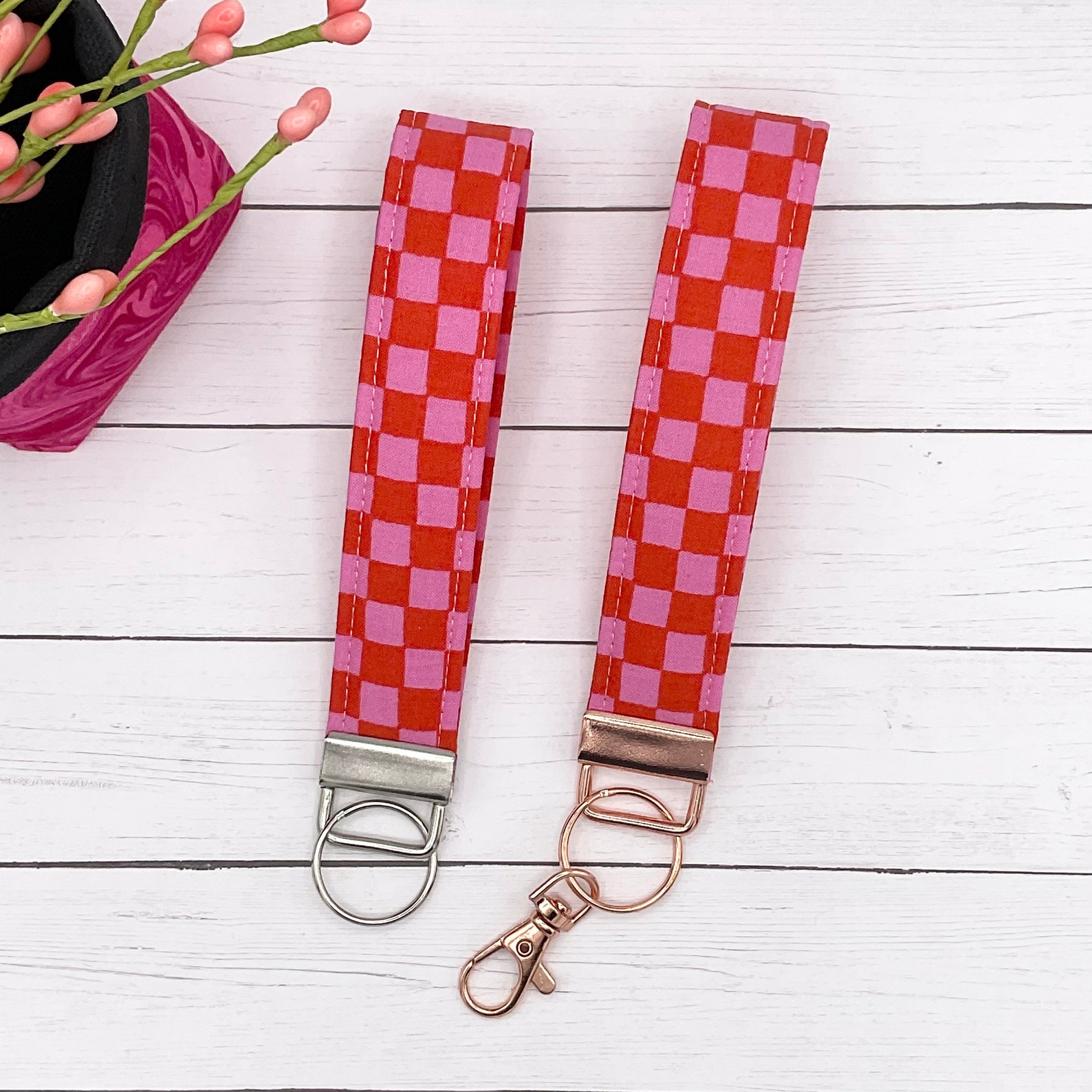 Pink Checkered Keychain Wristlet Keychain Strap Wrist - Etsy