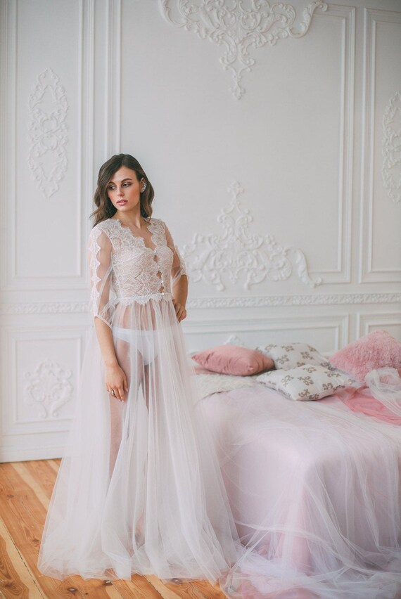 Long Boudoir Dress Bridal Lace Peignoir Tulle Robe For Etsy