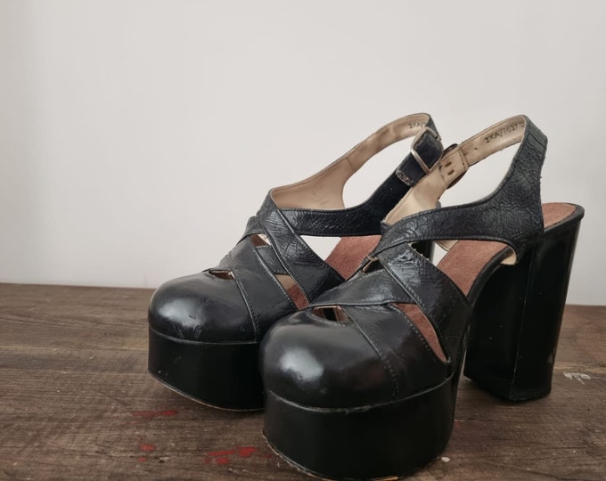 Vintage Black Chunky 70s Gala Skyscraper Platform Heels UK 4 - Etsy