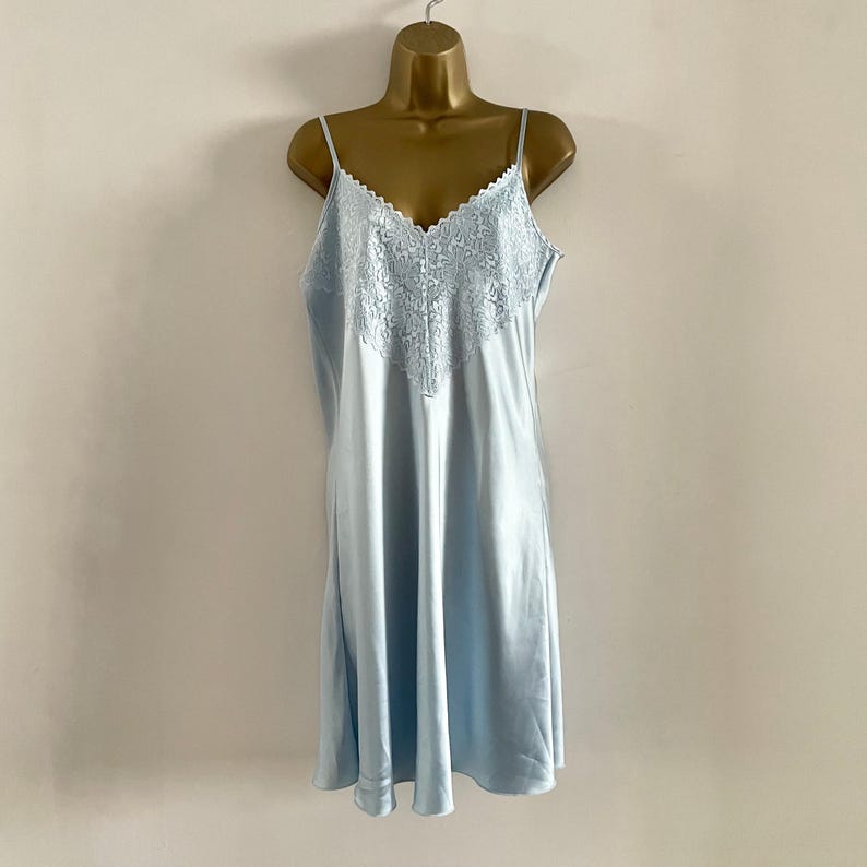 Vintage Baby Blue Lace Detail Front V Neck Slip Dress Mini. Made in the ...