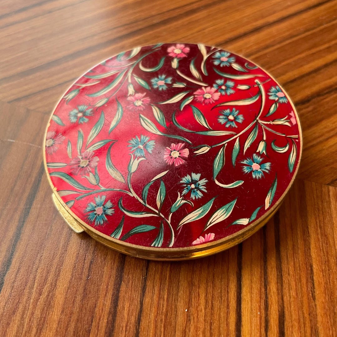 Vintage Stratton Red Floral Design Gold Tone Metal Powder Compact With ...