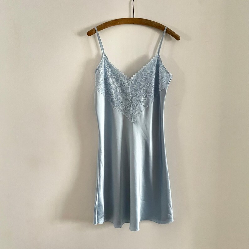 Vintage Baby Blue Lace Detail Front V Neck Slip Dress Mini. Made in the ...