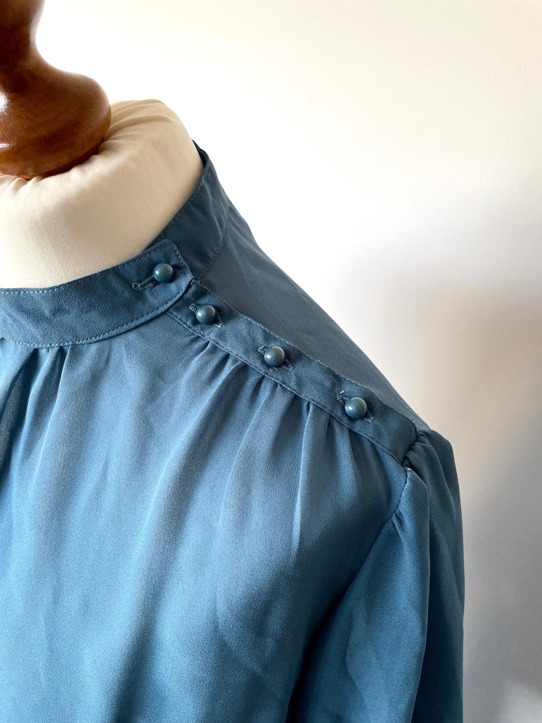 Vintage Richard Shops Blue High Neck Sheer Belted Dress Made in the UK ...
