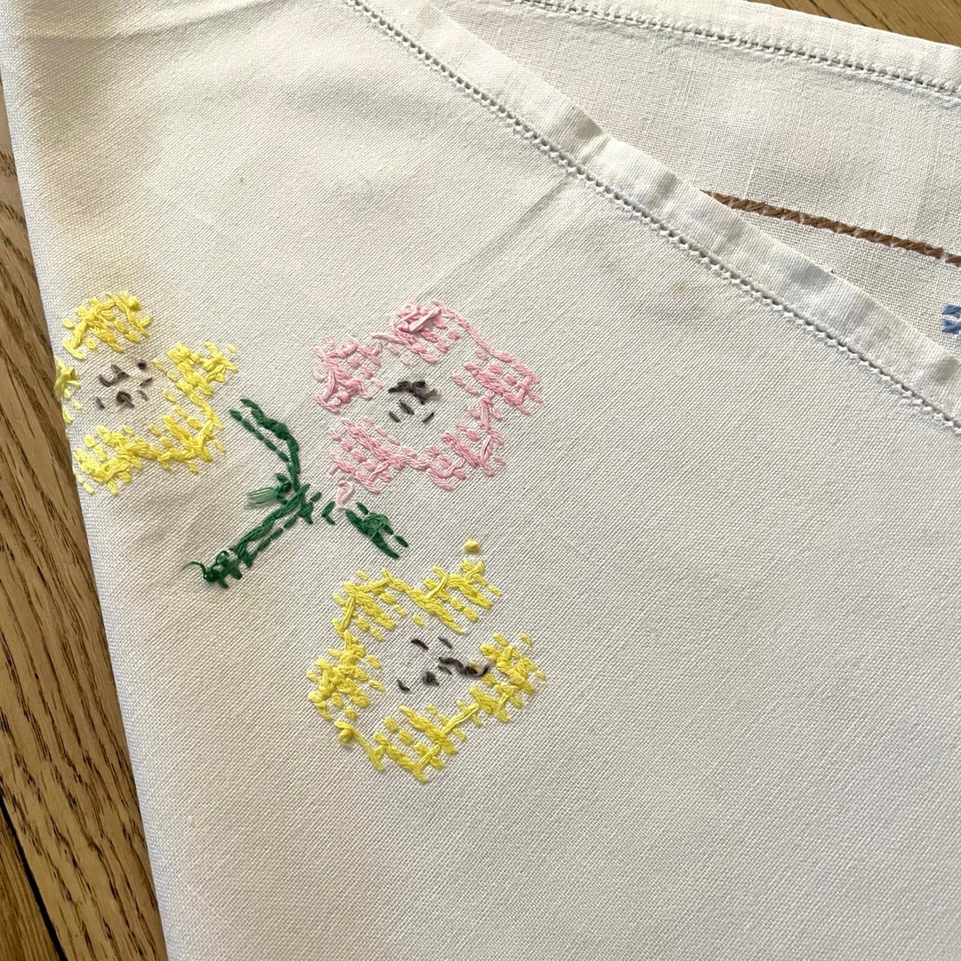 Vintage Rectangular Handmade White Floral Cross Stitch Linen Craft - Etsy