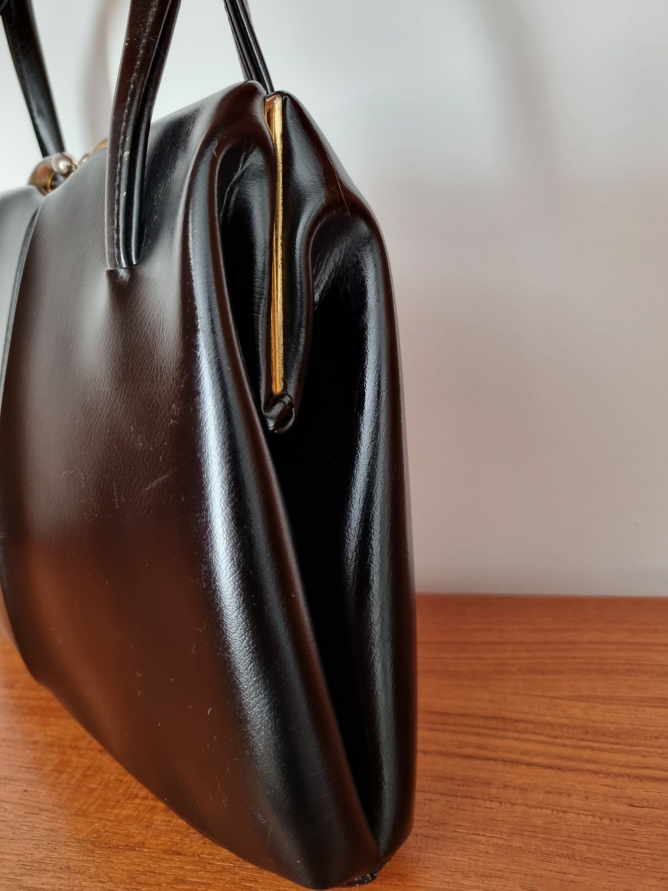 Vintage Black Structured Kelly Leather Handbag - Etsy