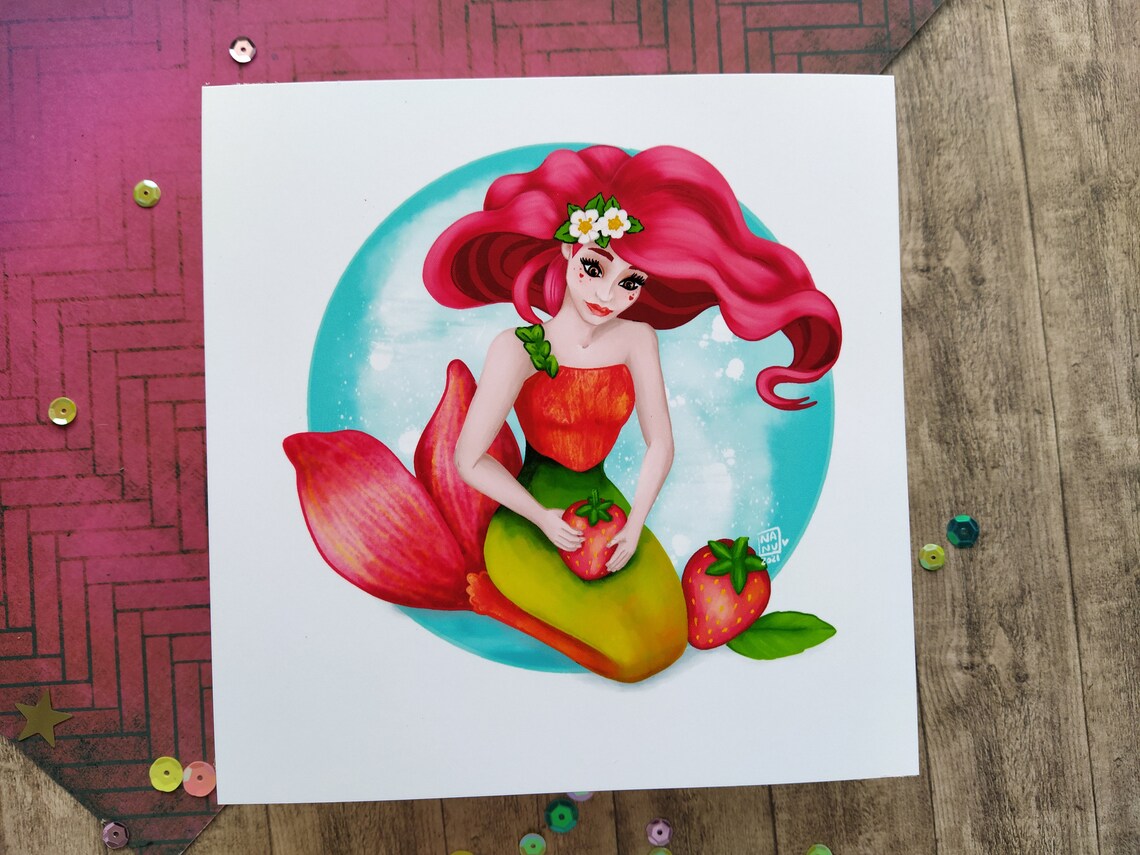 Strawberry mermaid art print mermaid collection fruit | Etsy