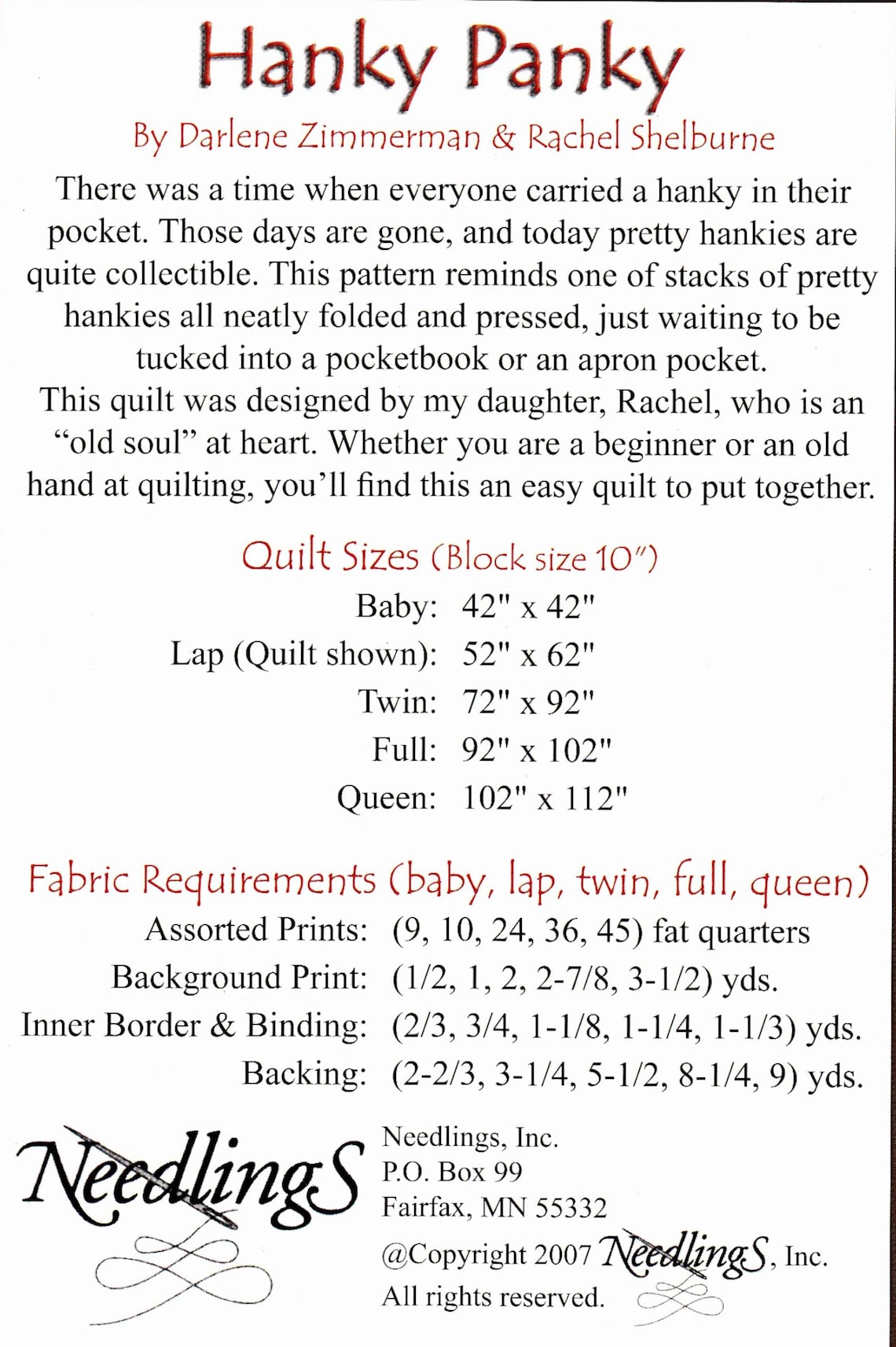 Hanky Panky *A Fat Quarter Quilt Pattern* by Darlene Zimmerman & Rachel ...