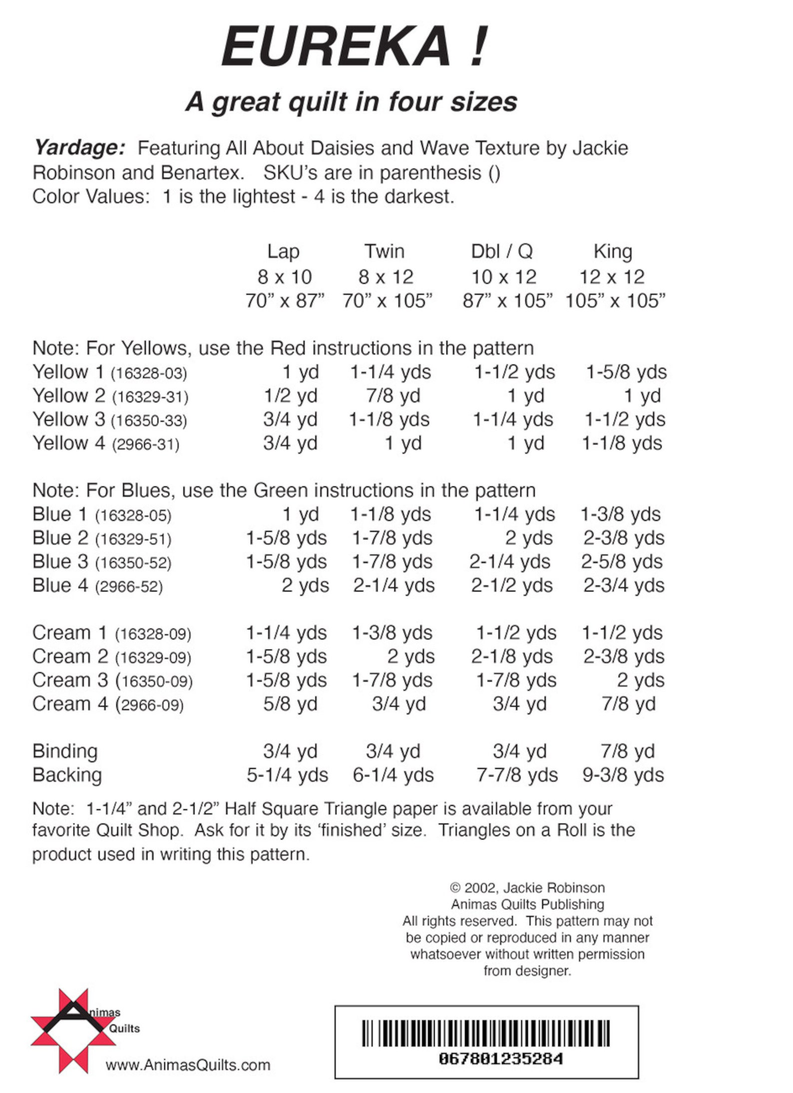 Eureka! *quilt Pattern* By: Jackie Robinson of Animas Quilts AQP-3528 ...