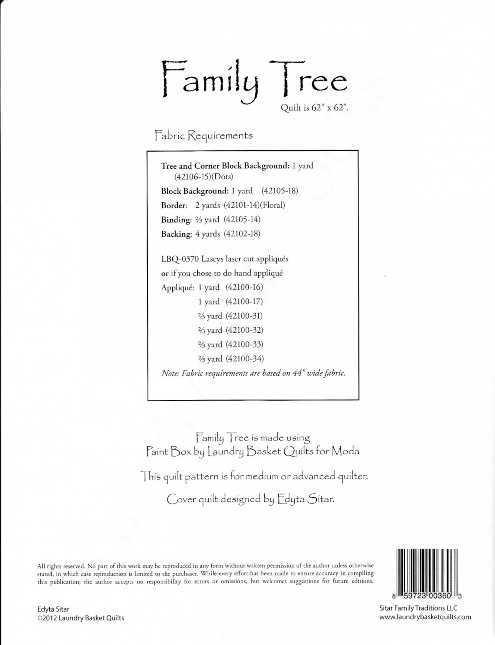 Family Tree *appliqué Quilt Pattern* By: Edyta Sitar - Laundry Basket ...