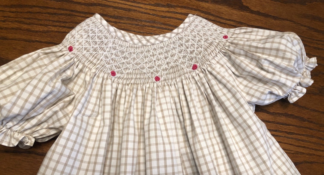 Ivory and Khaki Plaid Smock Dress With Rose Flowers-size Chart Attached ...