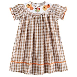 Light Brown Gingham Pumpkin Turkey Smocked Bishop Dress Size Chart ...