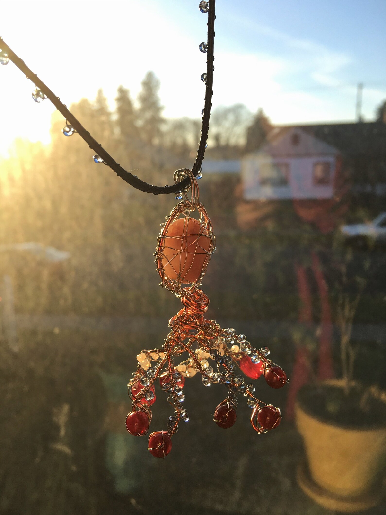 Wire Wrapped Octopus Pendant Necklace, River Stone, Beaded Cotton Cord ...