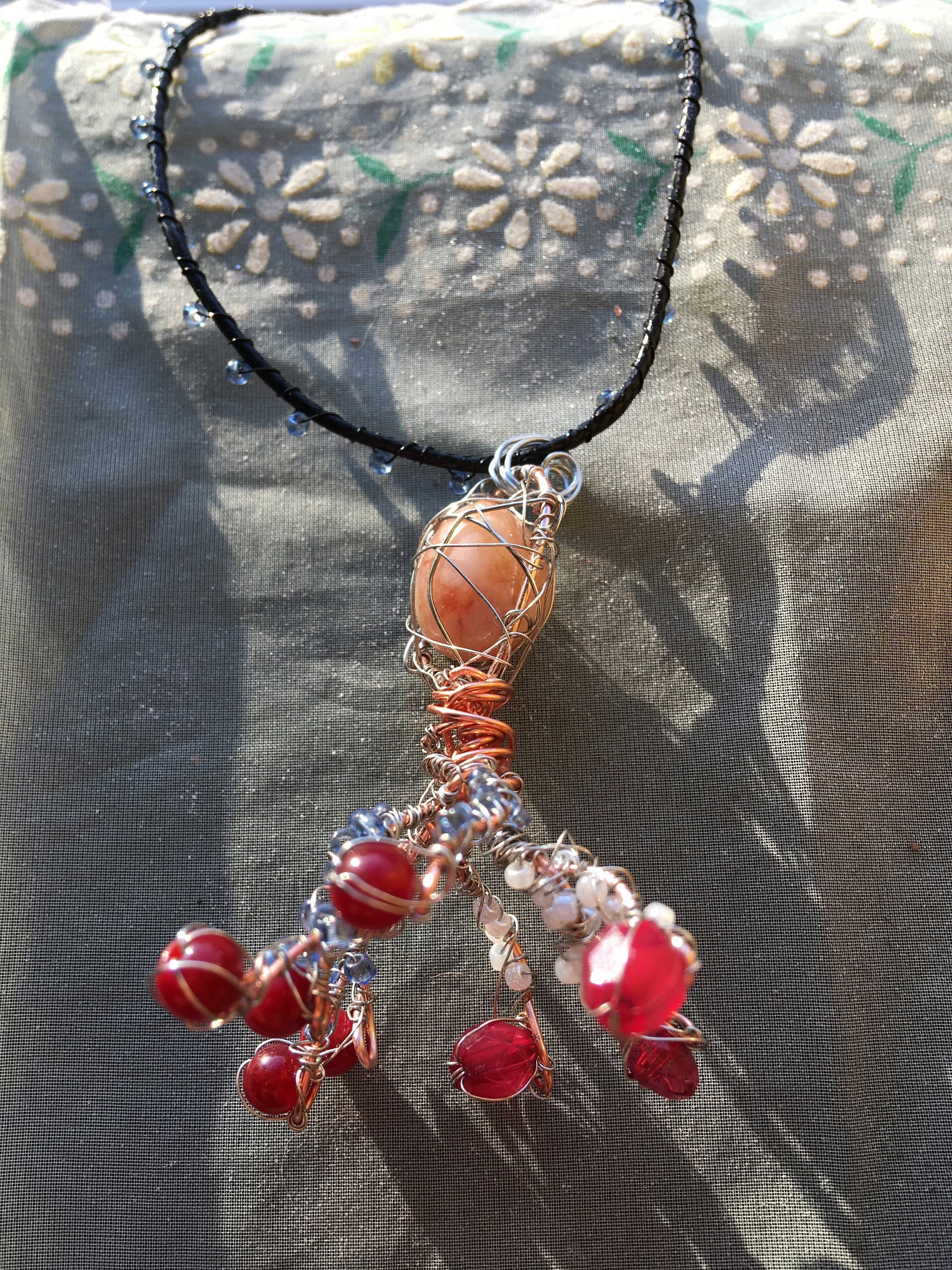 Wire Wrapped Octopus Pendant Necklace, River Stone, Beaded Cotton Cord ...