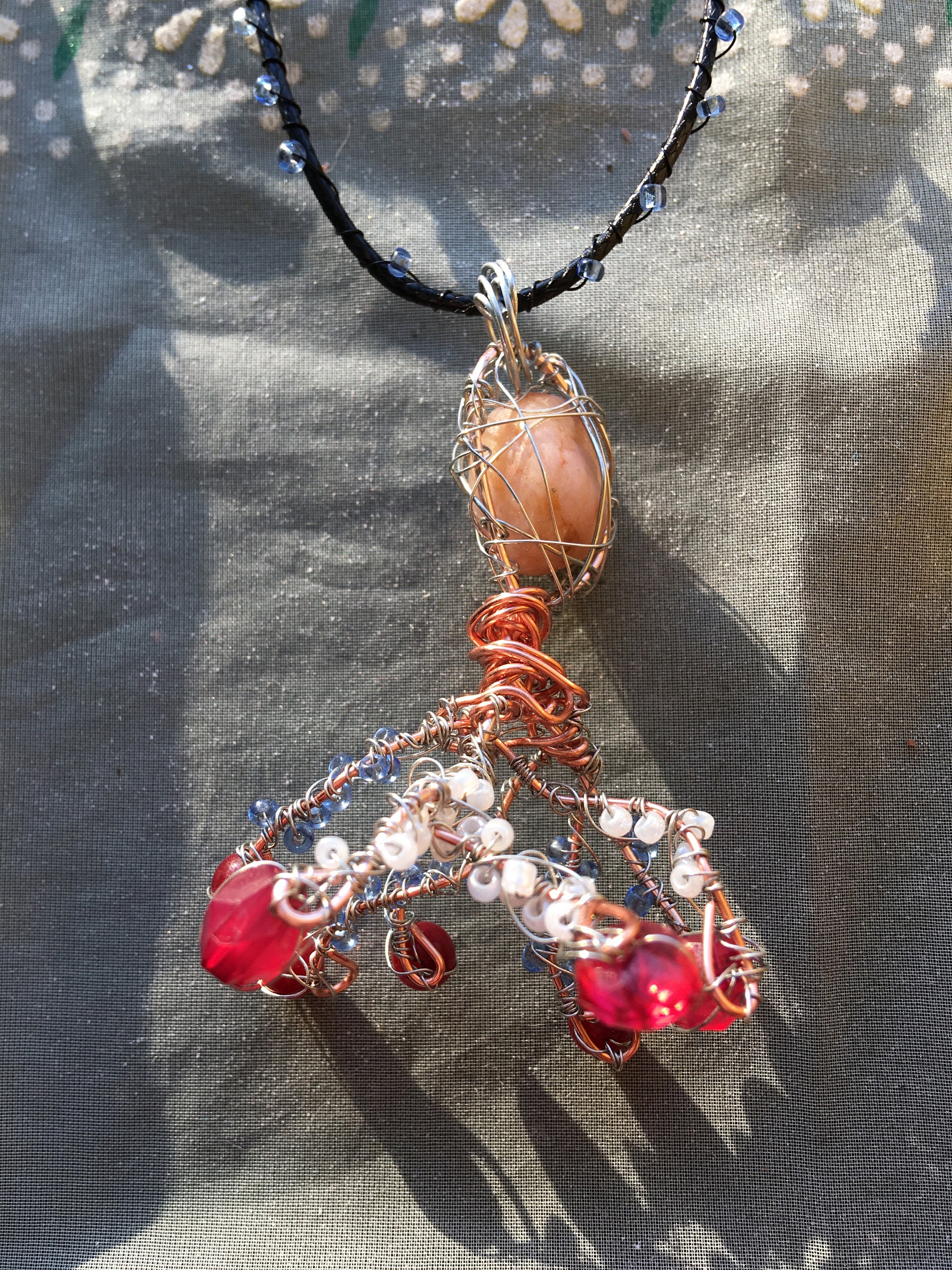 Wire Wrapped Octopus Pendant Necklace, River Stone, Beaded Cotton Cord ...