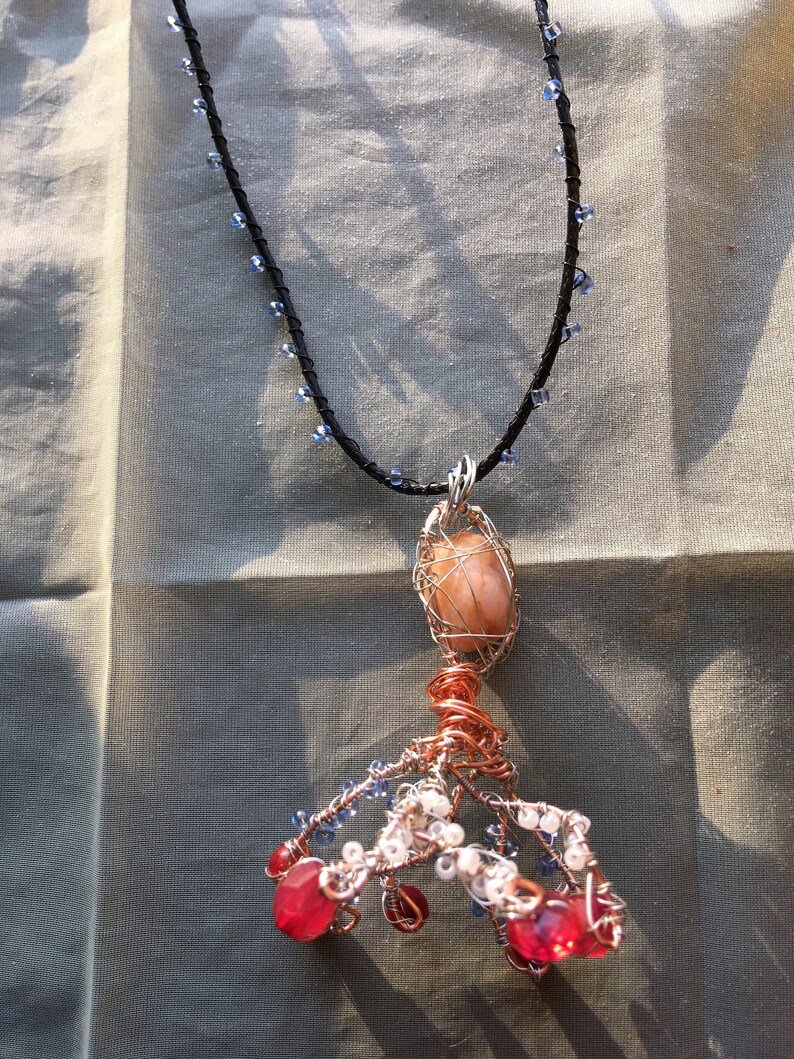 Wire Wrapped Octopus Pendant Necklace, River Stone, Beaded Cotton Cord ...