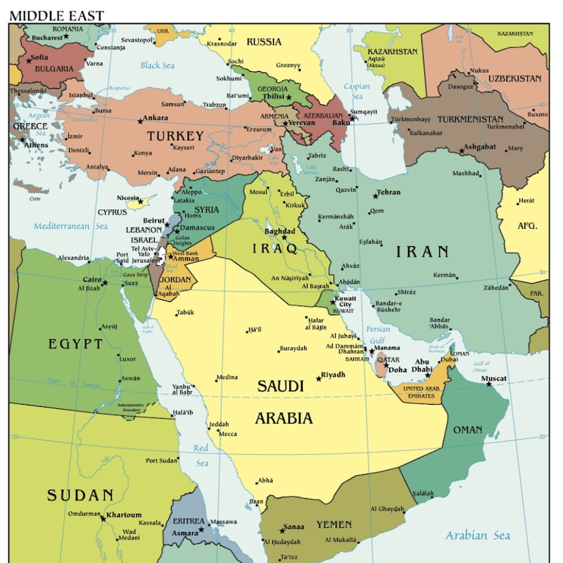 Middle East Map - Etsy Middle East Map - Etsy