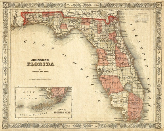 Old Florida Map 1863 Johnson's Map of Florida Restoration | Etsy