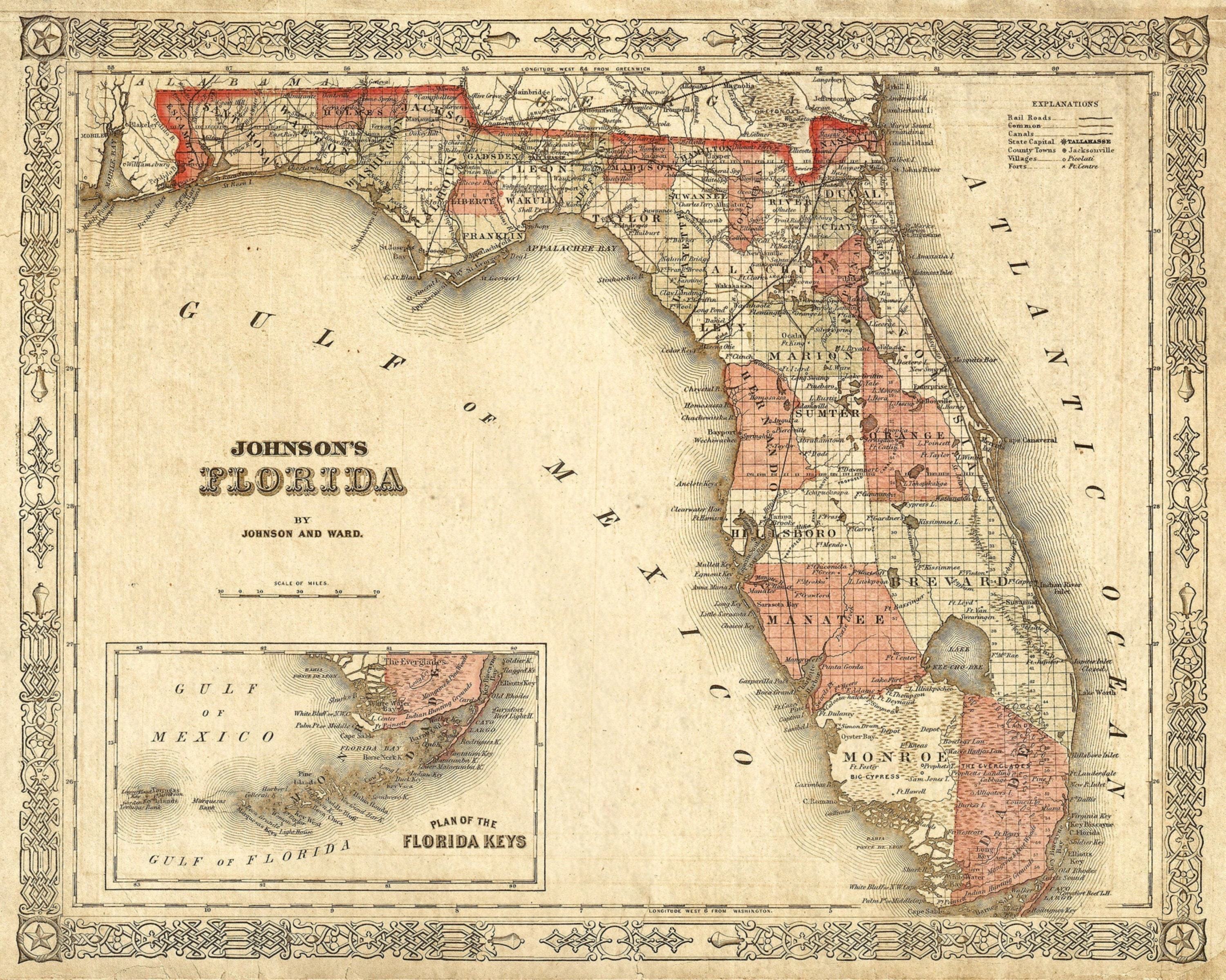 Old Florida Map 1863 Johnson's Map of Florida Restoration - Etsy