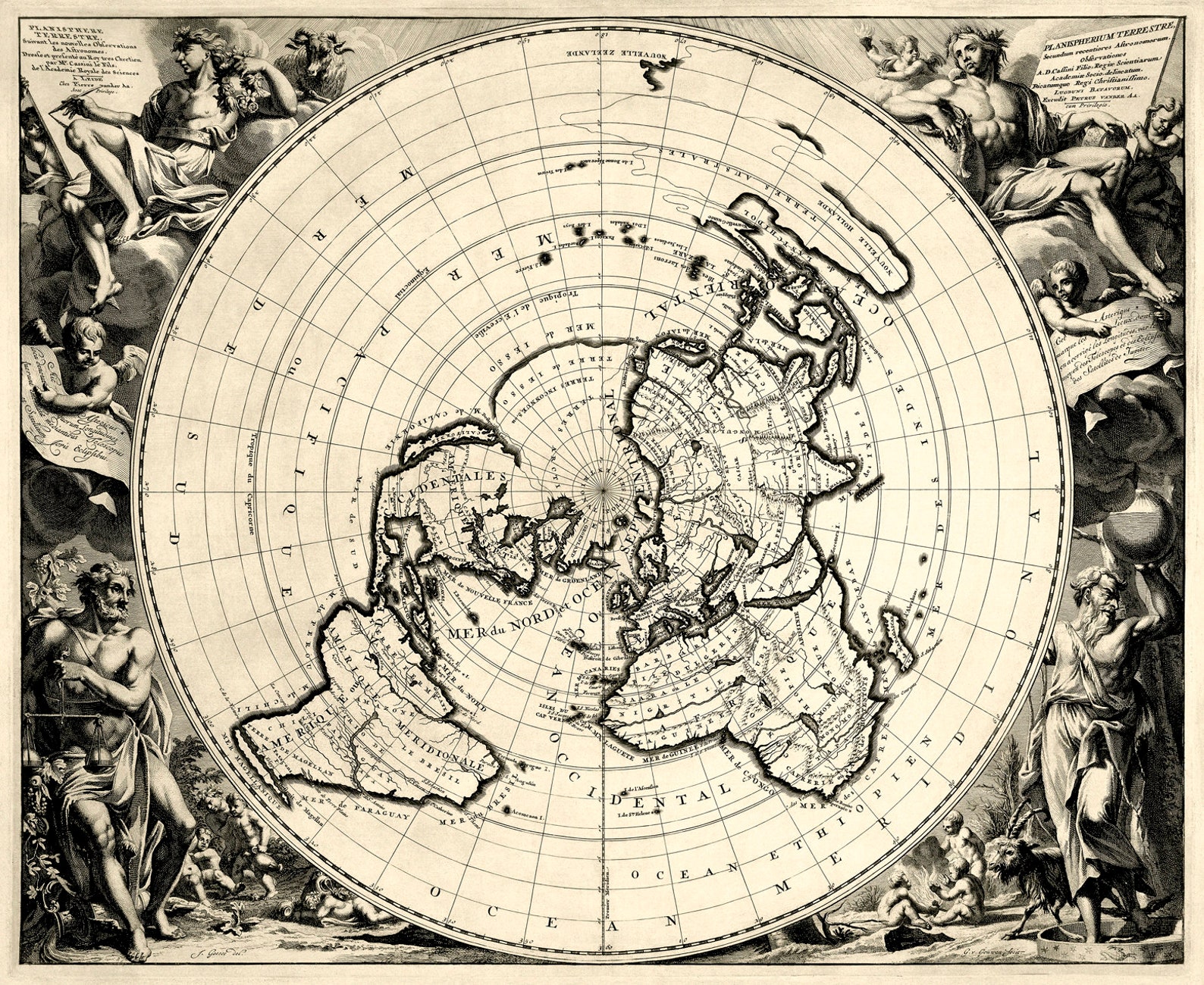 Antique Planisphere Terrestre Vintage Flat Earth Azimuthel Equidistant ...