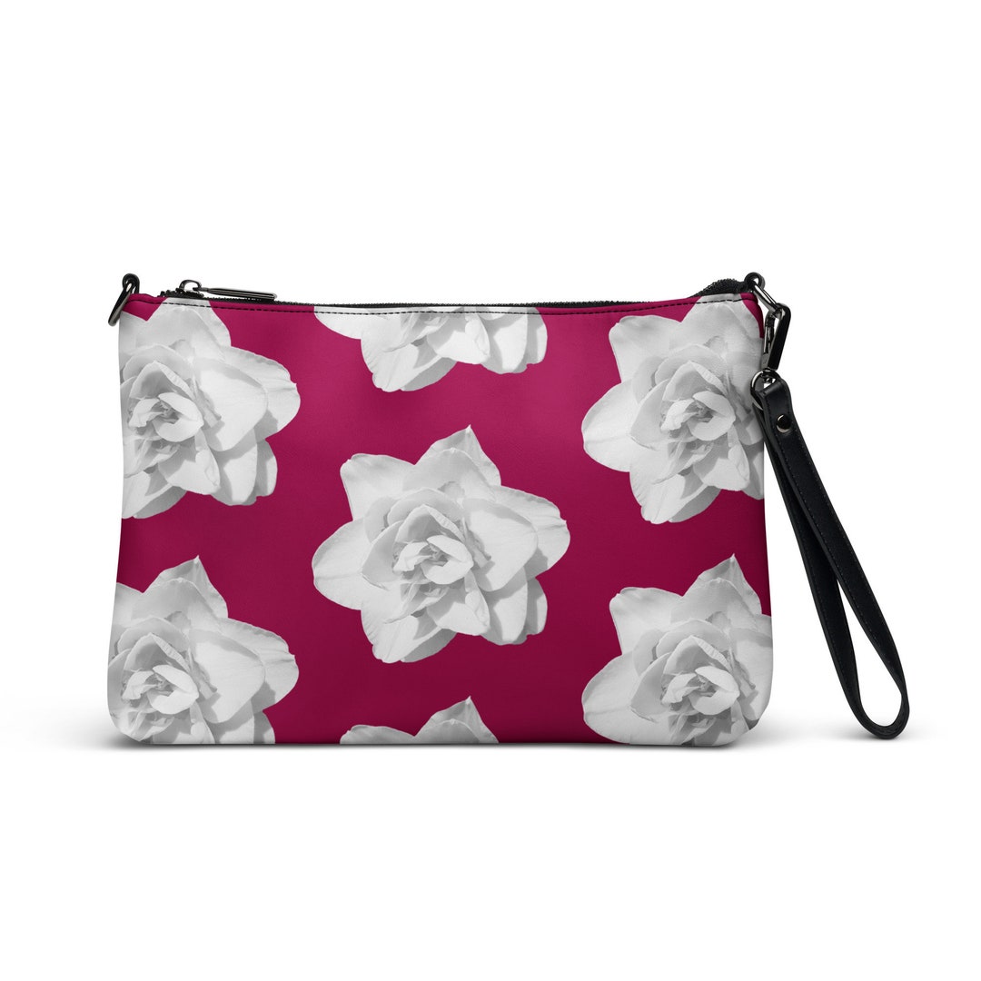 Vegan Leather Crossbody Purse in Maroon Rose Print Fashion Purse Vegan ...