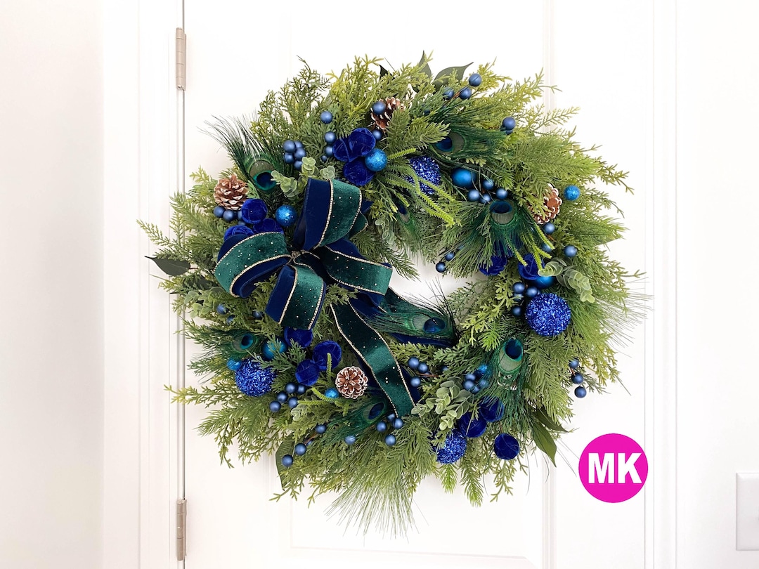 Large Navy Blue Christmas Door Wreath, Blue Holiday Wreath, Elegant ...