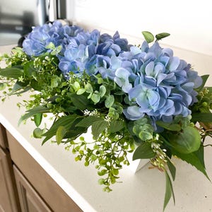 Blue Hydrangeas With Greenery Arrangement, Silk Flower Dining Table ...