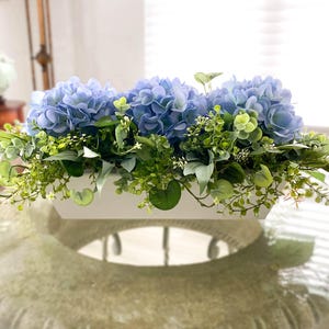 Blue Hydrangeas With Greenery Arrangement, Silk Flower Dining Table ...
