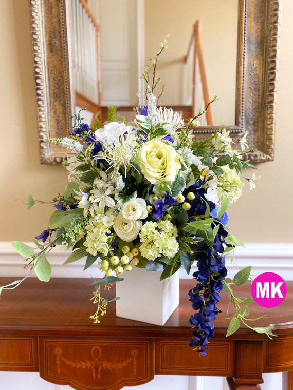 Elegant Silk Flower Arrangement in White Ceramic Base Blue and White Flower Centerpiece Tall Floral Design for Foyer Etsy UK