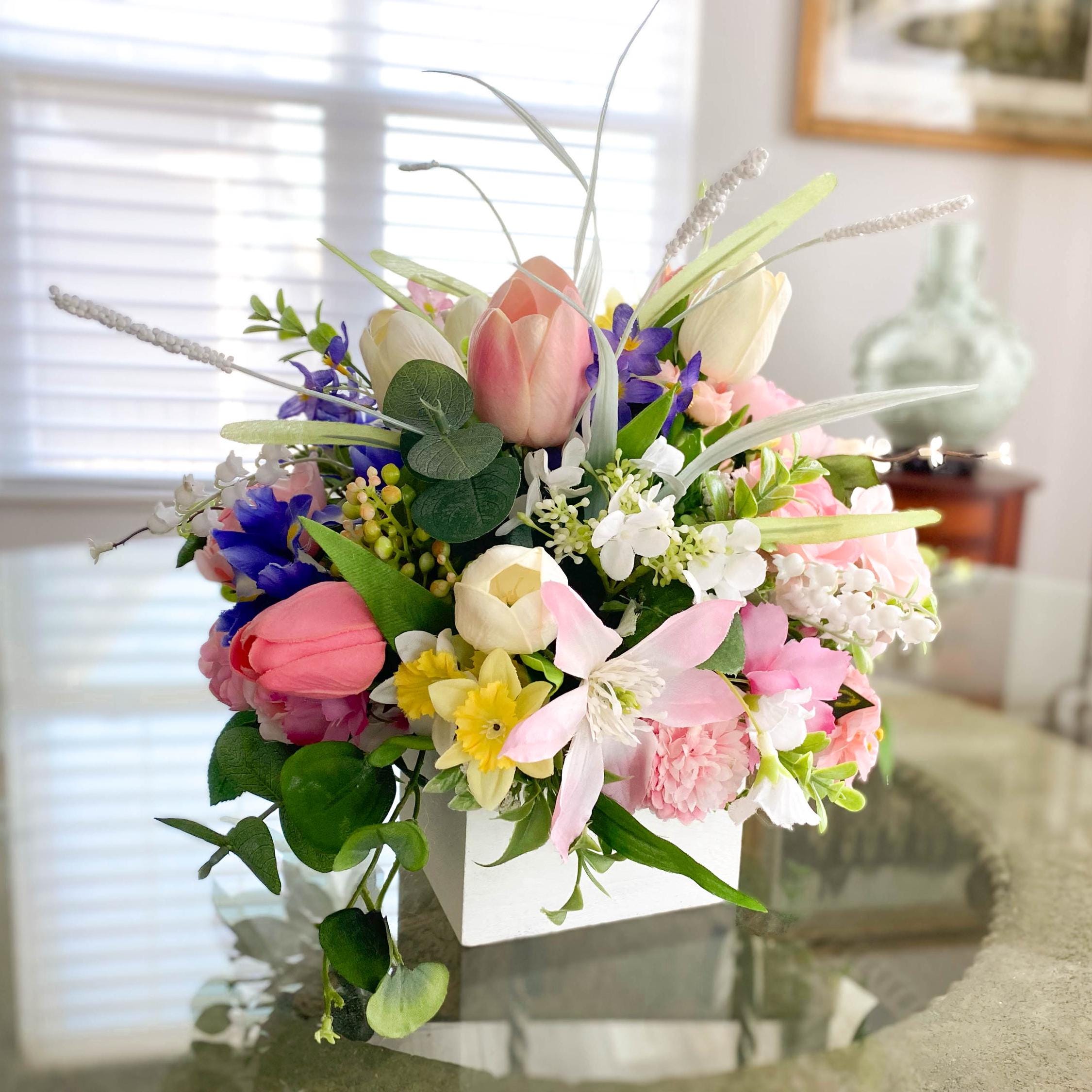 Pop of Spring Flower Arrangement, Easter Floral Centerpiece, Tulip and ...