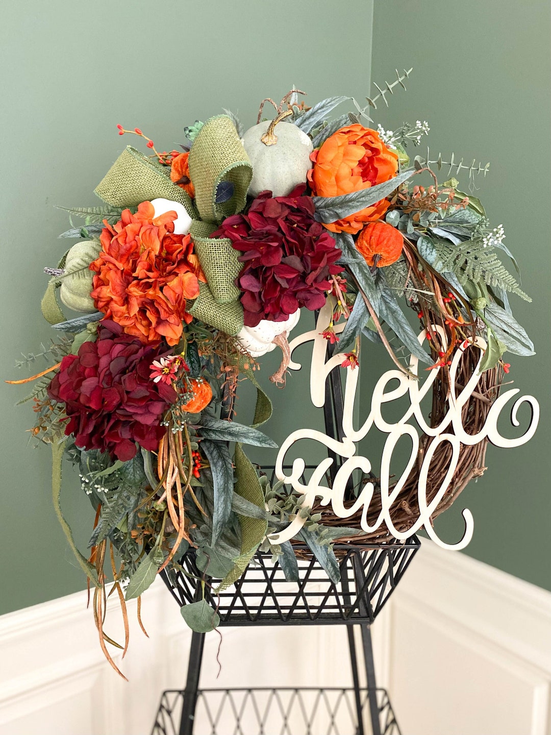 Fall Harvest Wreath: Orange Hydrangeas, Pumpkins & Eucalyptus - Etsy