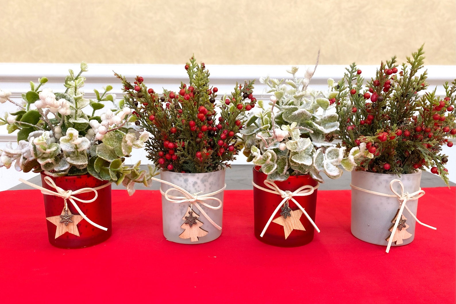 Simple Christmas Arrangement in Glass Cup Tied With Charm - Etsy