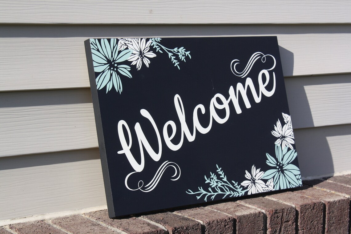 Welcome Sign With Flowers Hand Painted Wooden Sign - Etsy