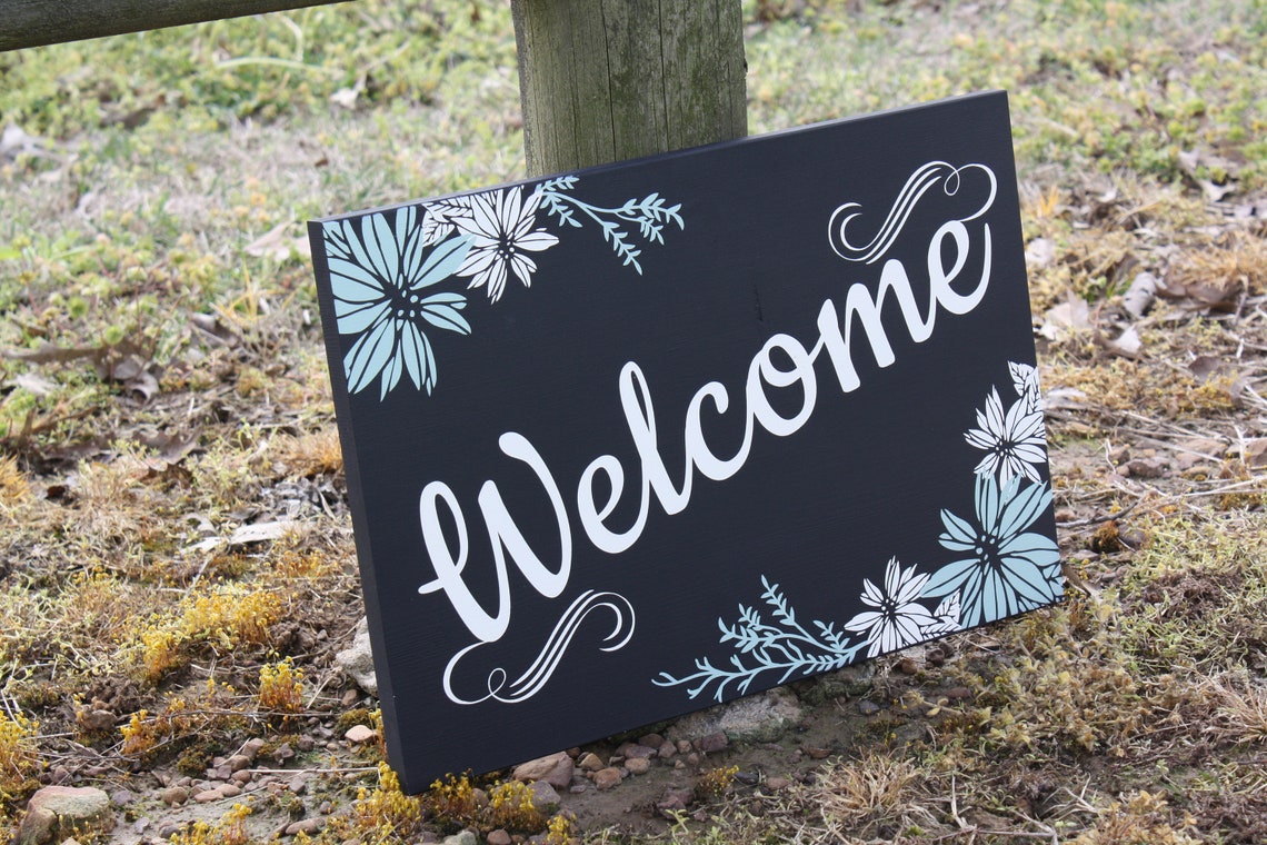 Welcome Sign With Flowers Hand Painted Wooden Sign - Etsy