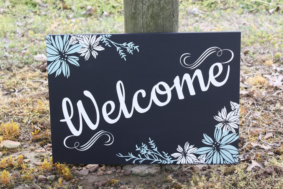 Welcome Sign With Flowers Hand Painted Wooden Sign - Etsy