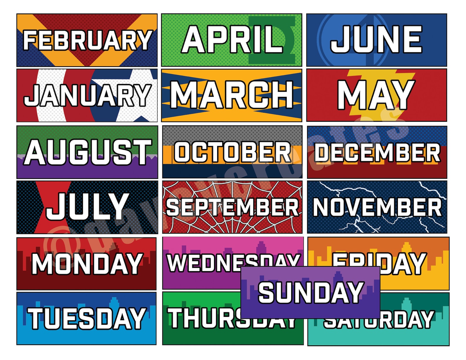 Superhero Calendar Month and Days PRINTABLE Classroom Bulletin ...
