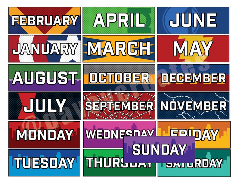 Superhero Calendar Month and Days PRINTABLE Classroom Bulletin ...