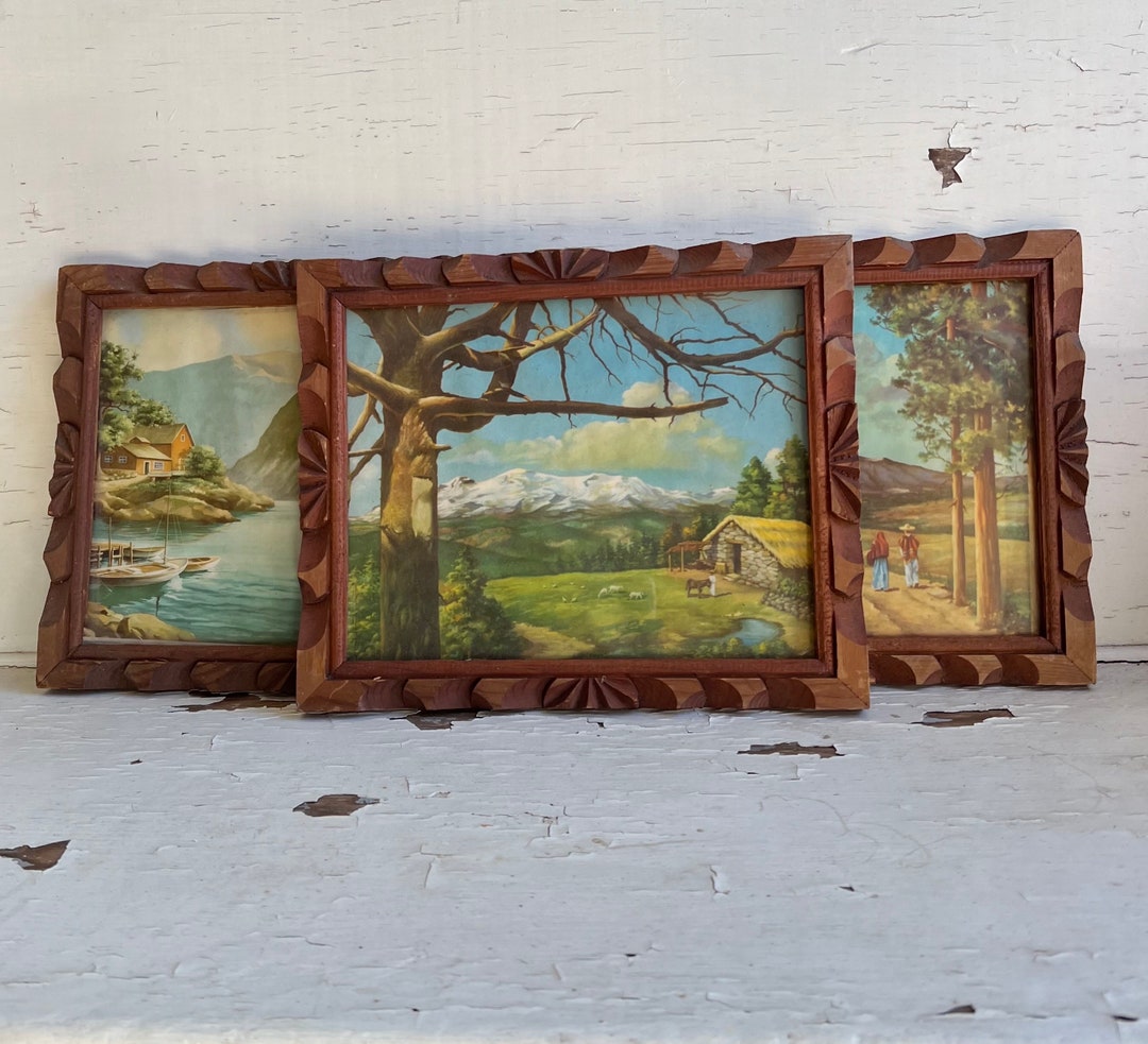 Vintage Landscape Pictures in Unique Wooden Frames, 11"x9" | Three Art ...