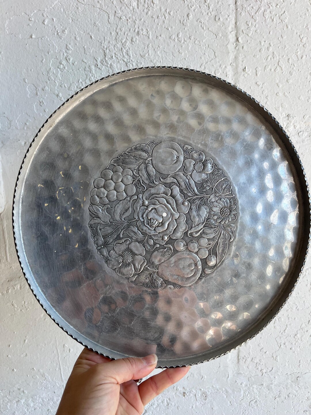 Vintage Aluminum Embossed Tray With Pedestal Stand 12.25” | Vintage ...