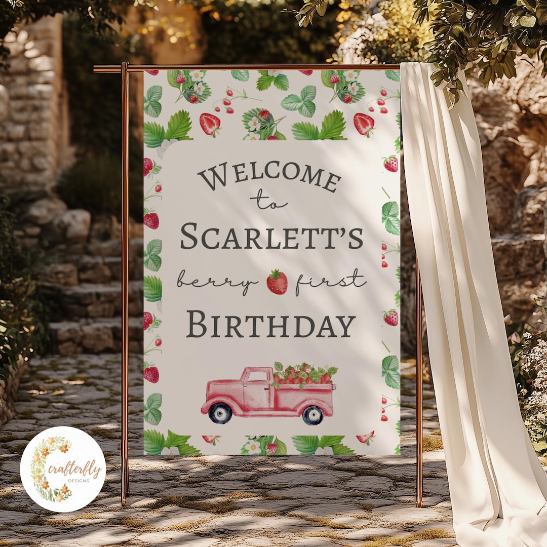 Berry First Birthday Welcome Sign: Watercolor Strawberry Party Decor ...