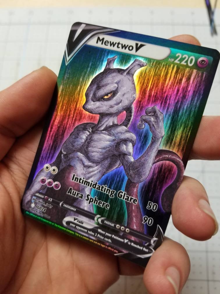 Mewtwo V Full Art Rainbow Holo Custom Orica Pokemon Card | Etsy