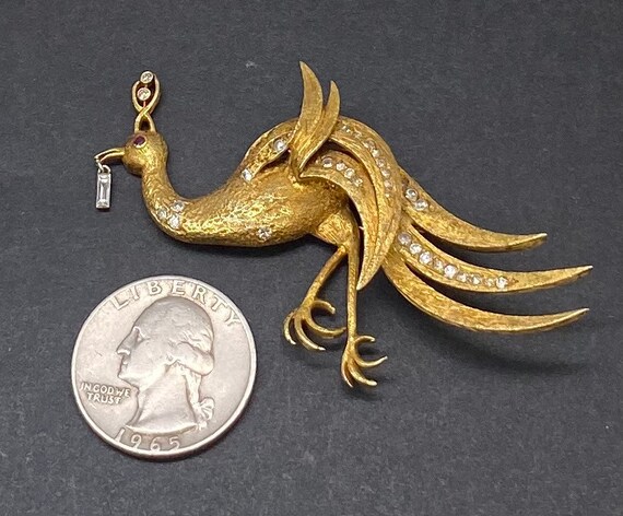 Antique 18K Yellow Gold Diamond Peacock Brooch Statem… - Gem