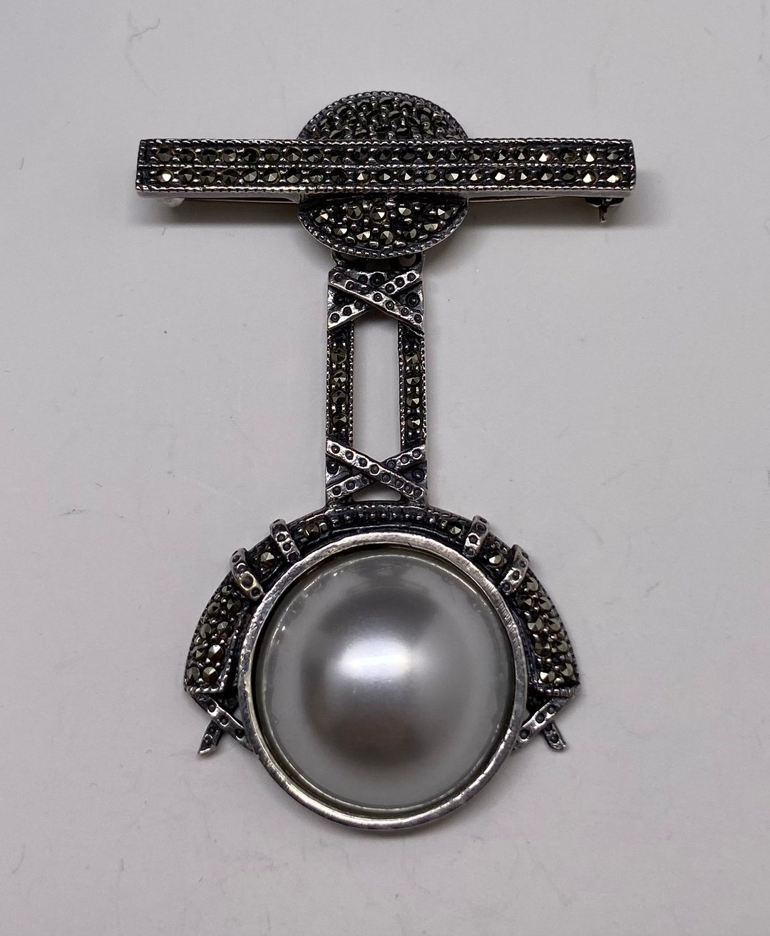 Vintage Art Deco JJ Judith Jack Sterling Silver Mabe Pearl & Marcasite ...