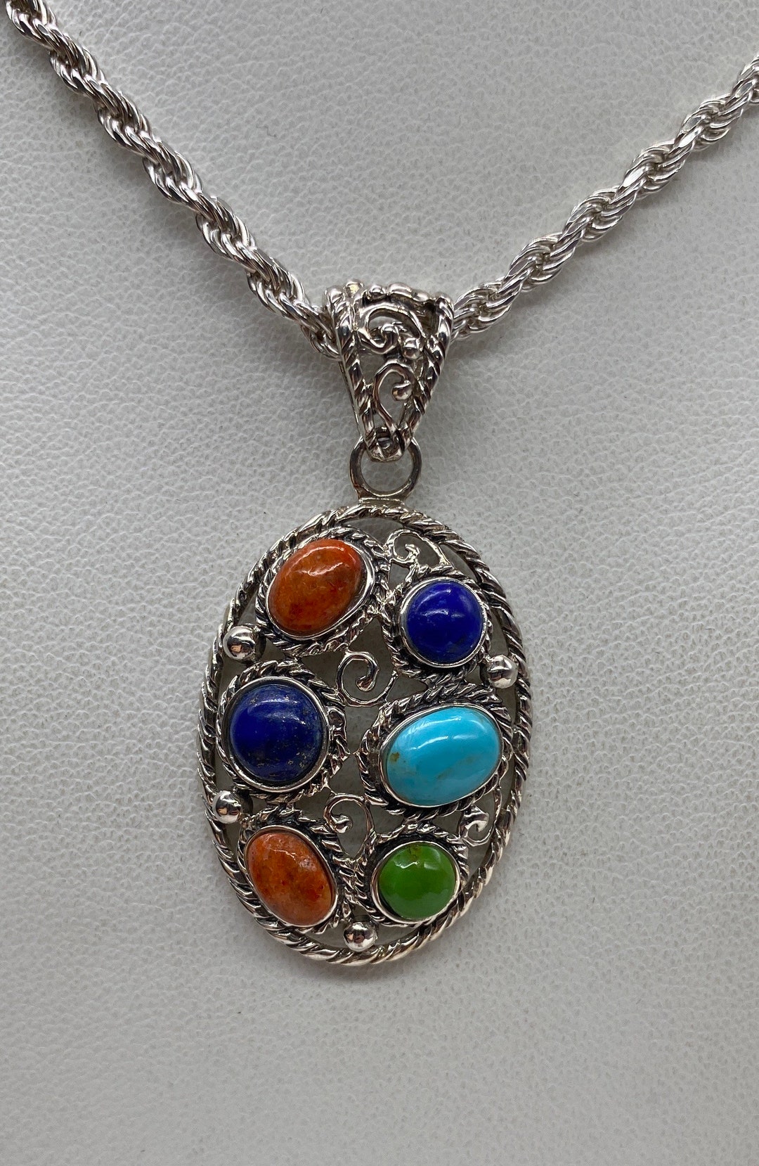 Sterling Silver Multi Gemstone Cabochon Pendant Necklace Vintage ...