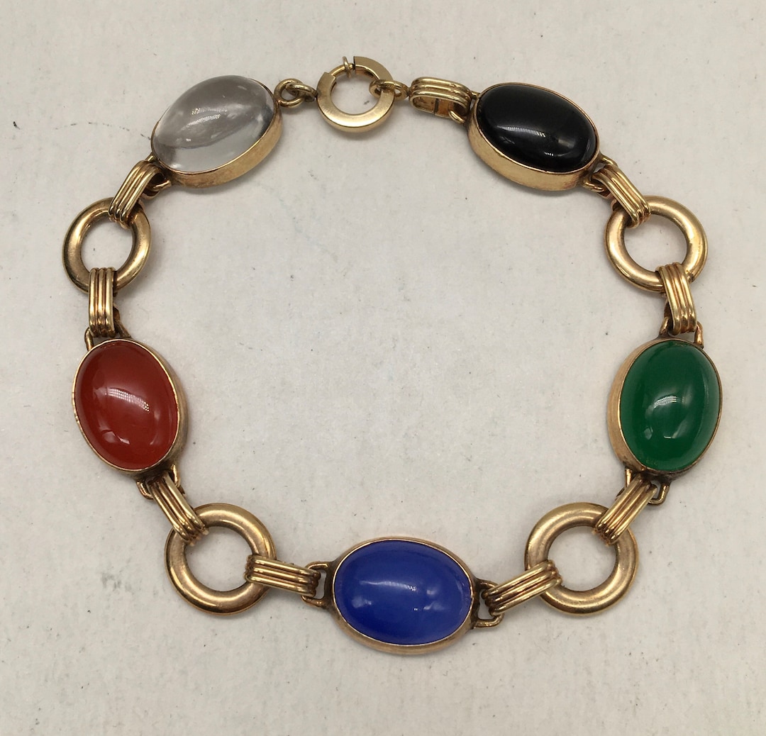 Vintage 12k Gold Filled Cabochon Multi Gemstone Bracelet Art Deco ...