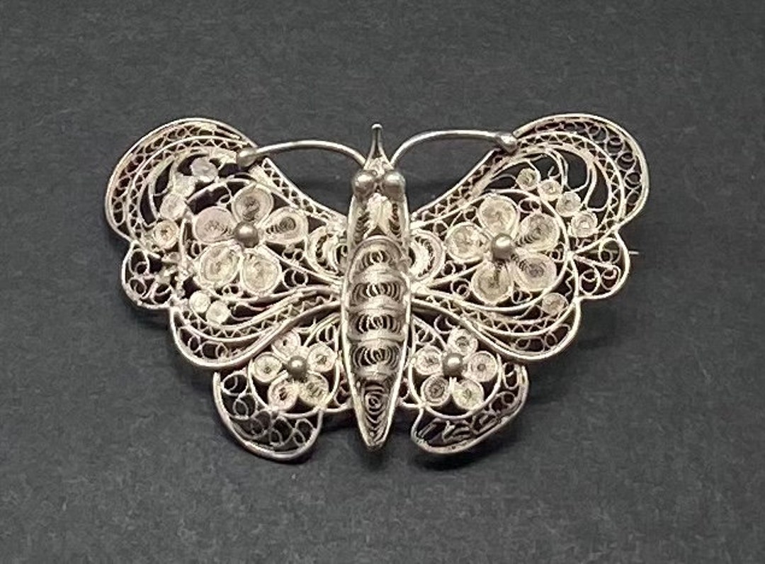 Vintage Sterling Silver Filigree Butterfly Brooch - Etsy