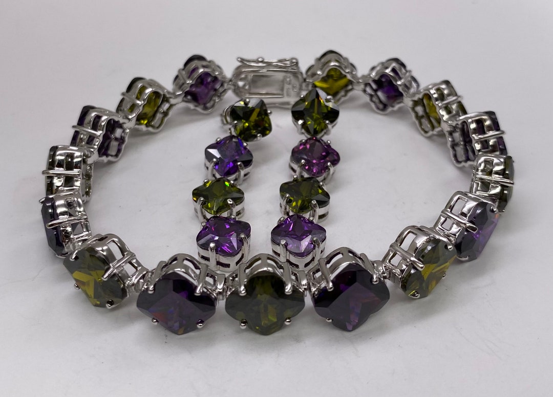 Rhodium Over 925 Silver Amethyst, Green Topaz Bracelet & Matching ...